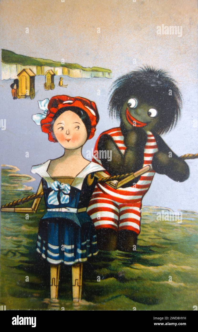 Postcard of a Golliwog & a Penny Wooden Doll Paddling in the Seaside by ...