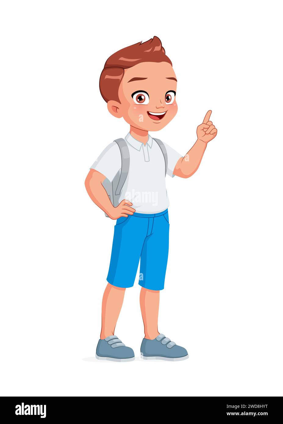 Smart little school boy index finger pointing up with idea. Cartoon ...