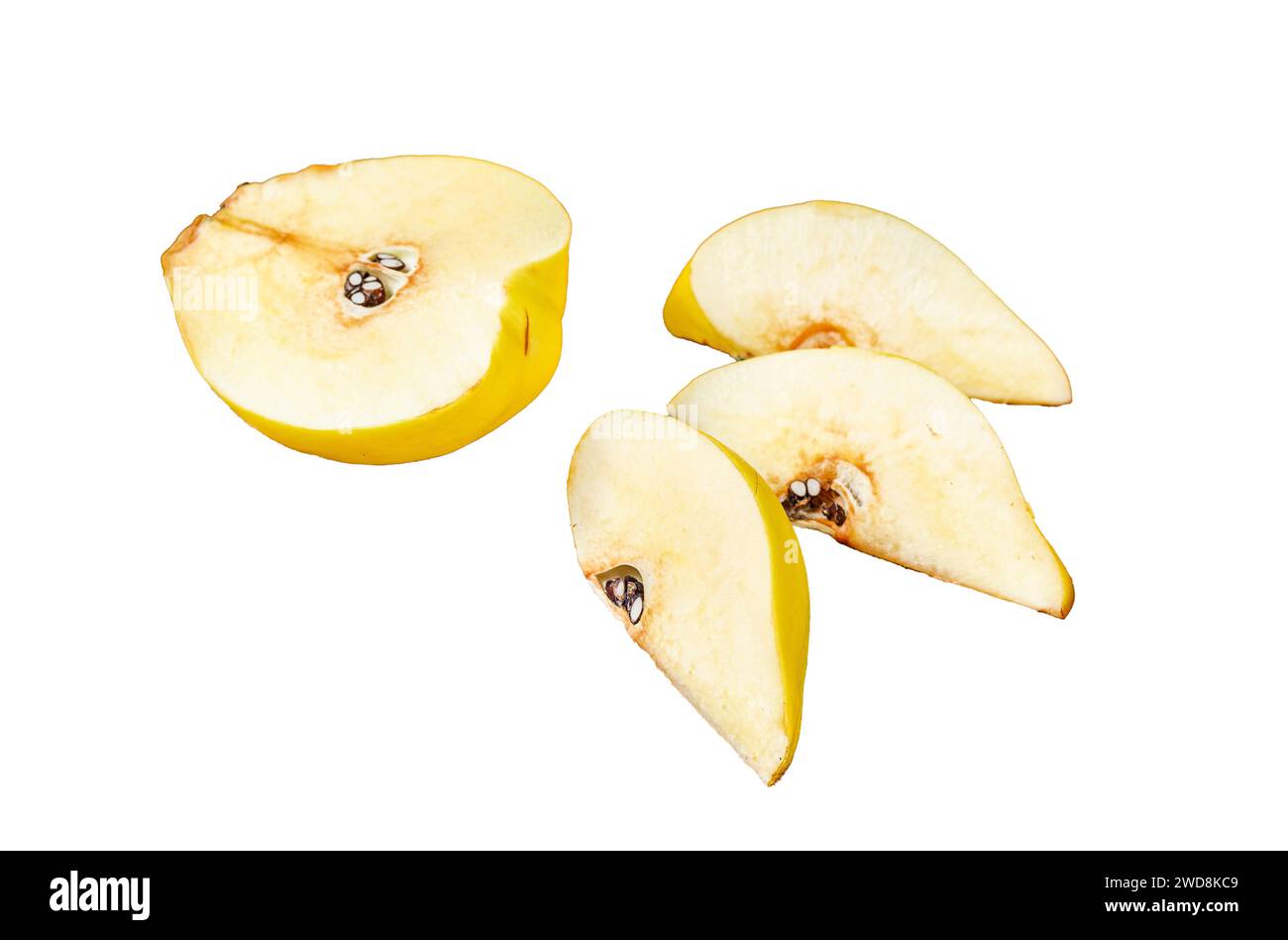 Cut yellow quince fruits Isolated on white background, Top view Stock ...