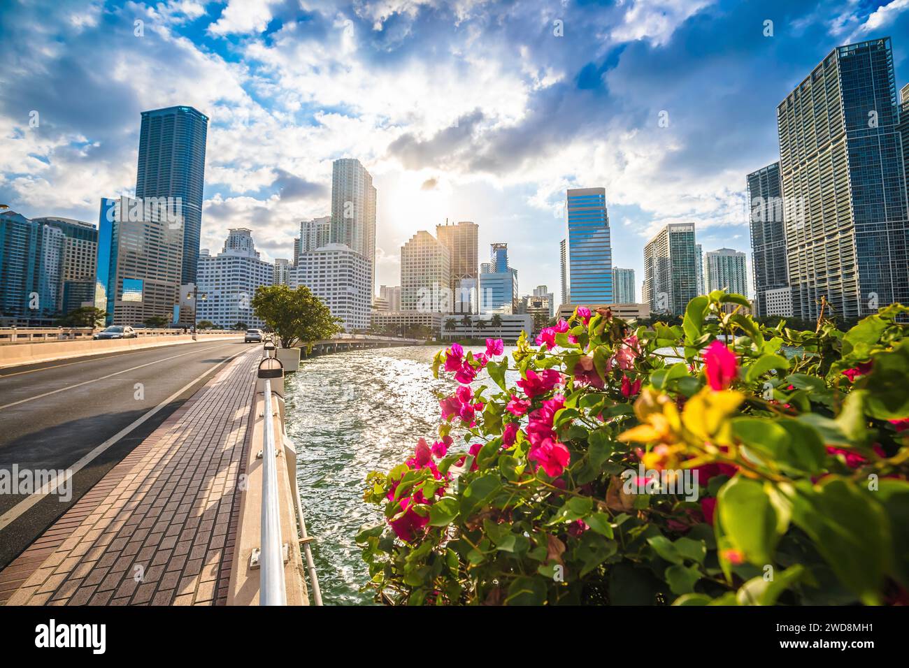 Miami waterfront walkway and skyline sunset view, Florida state of USA ...