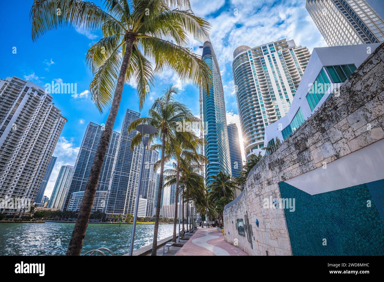 Miami Brickell waterfront walkway and skyline view, Florida state of ...