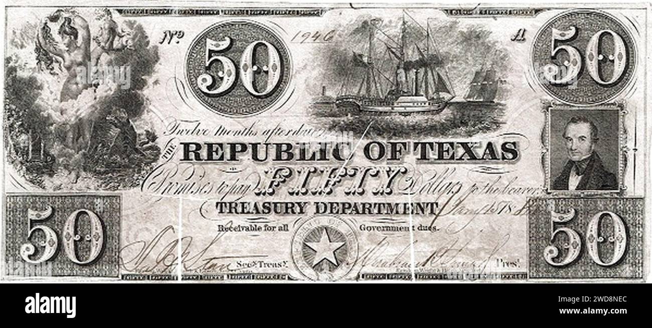 50 Dollars - Treasurer of the Republic of Texas (Act. 09.06.1837, 1839 ...
