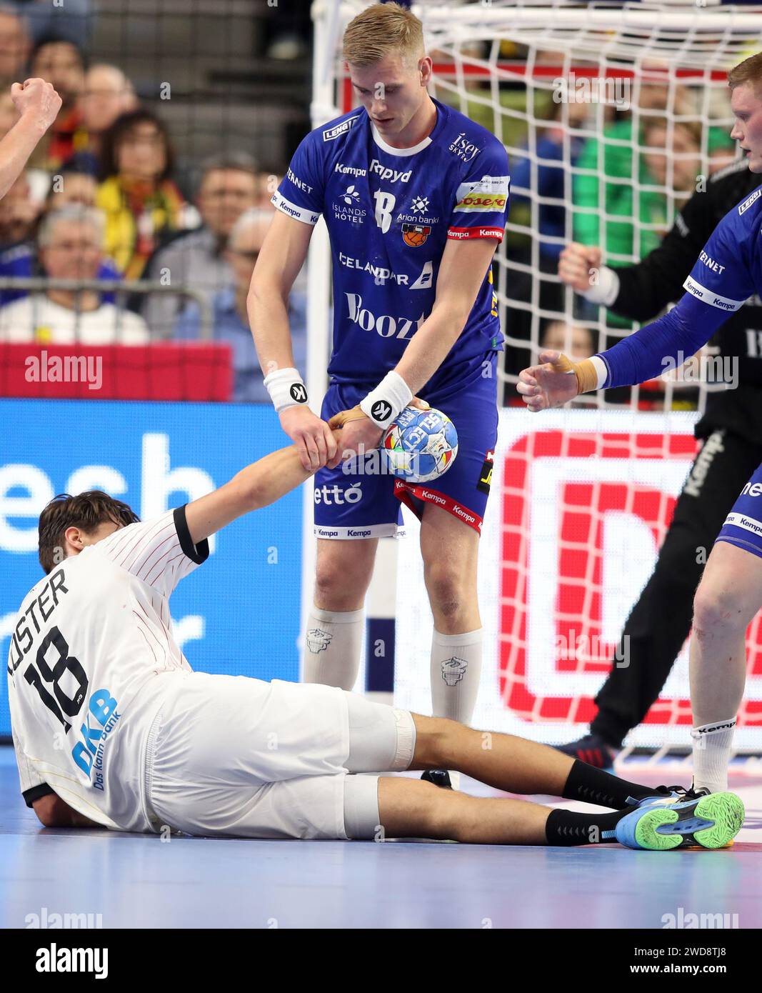 Julian Koster of Germany, Ellidi Vidarsson of Iceland Germany vs Iceland EHF Mens Handball EURO ...