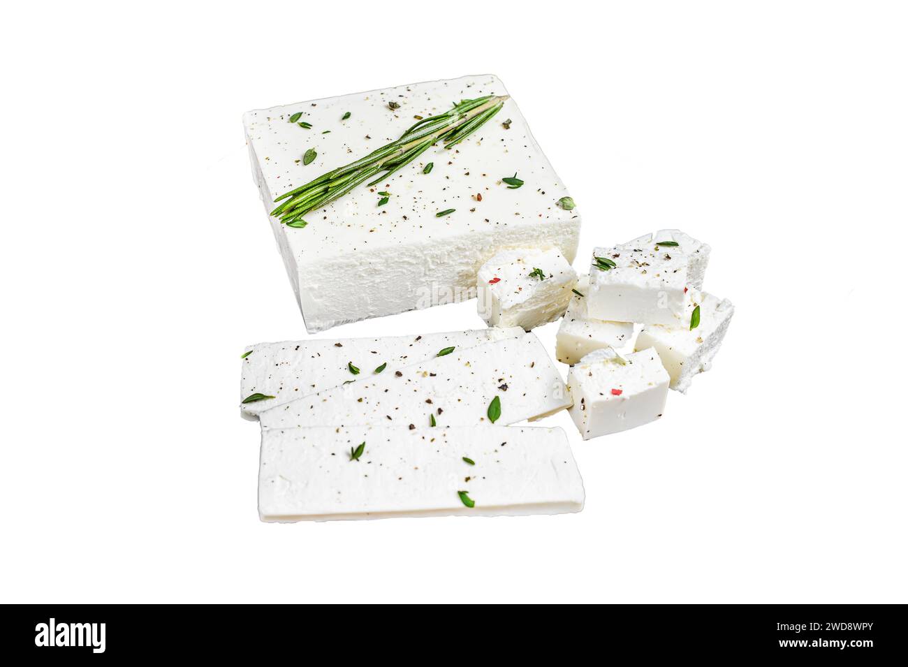 Cut cheese feta with rosemary Isolated on white background, Top view ...