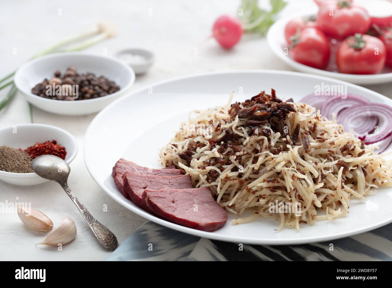 Uzbek and Central Asia cuisine concept. Uzbek food Naryn, vegetables ...