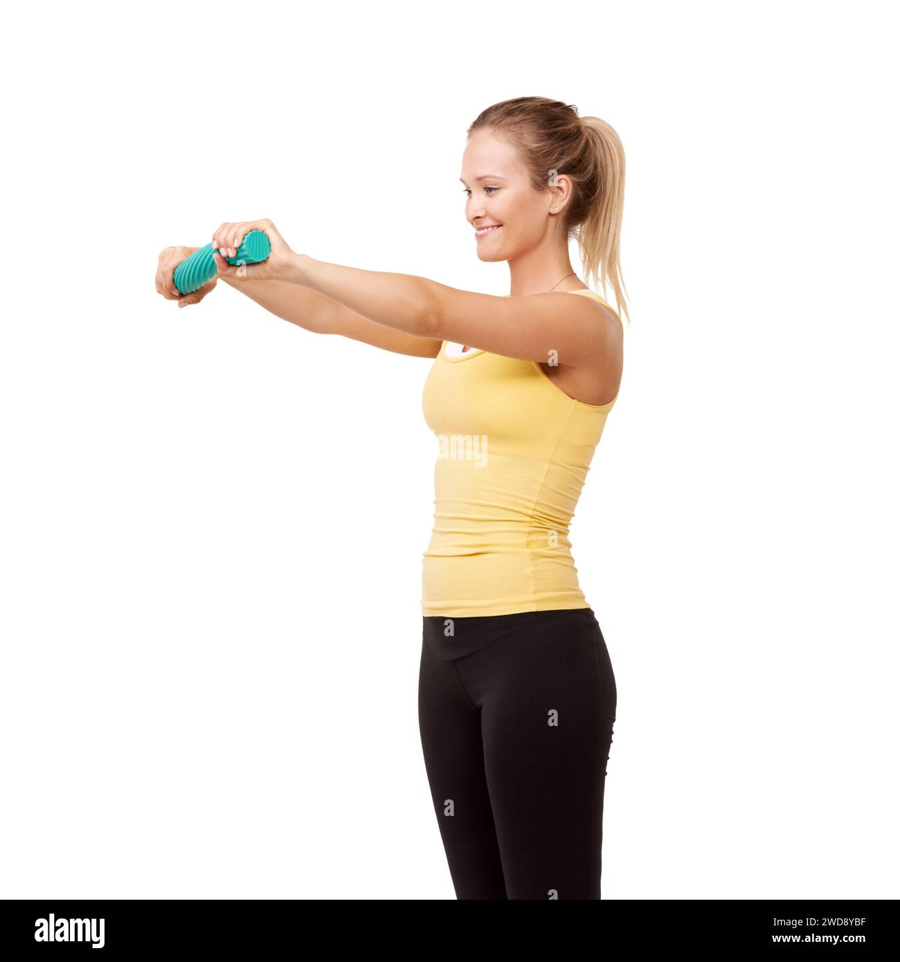 Happy woman, grip and resistance for arm exercise isolated against a ...