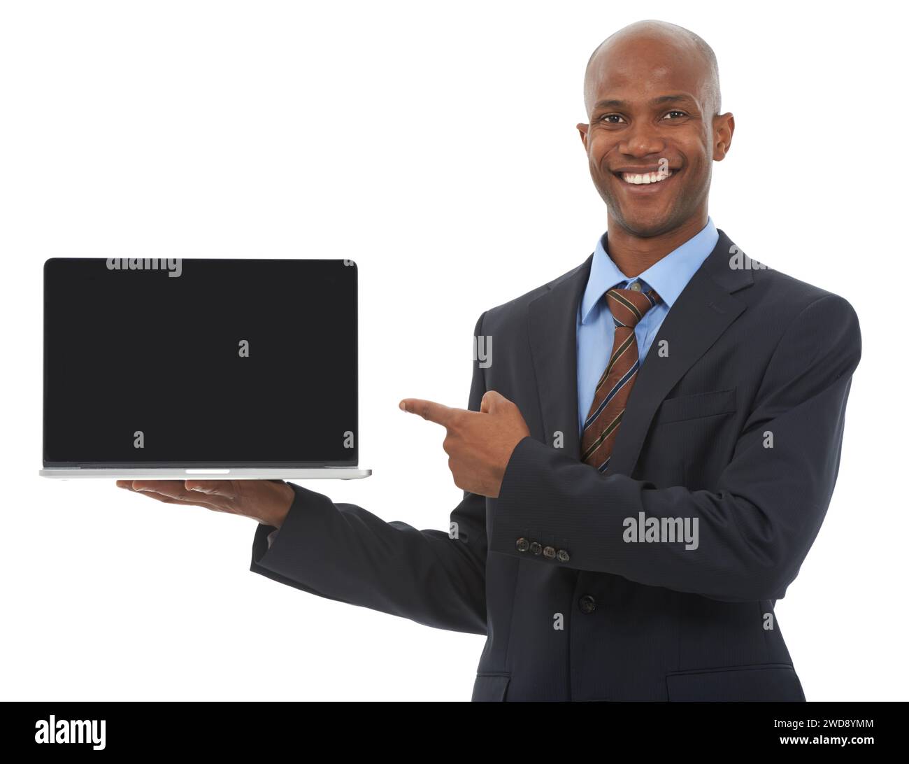 Portrait, business and black man with a laptop, pointing and employee ...