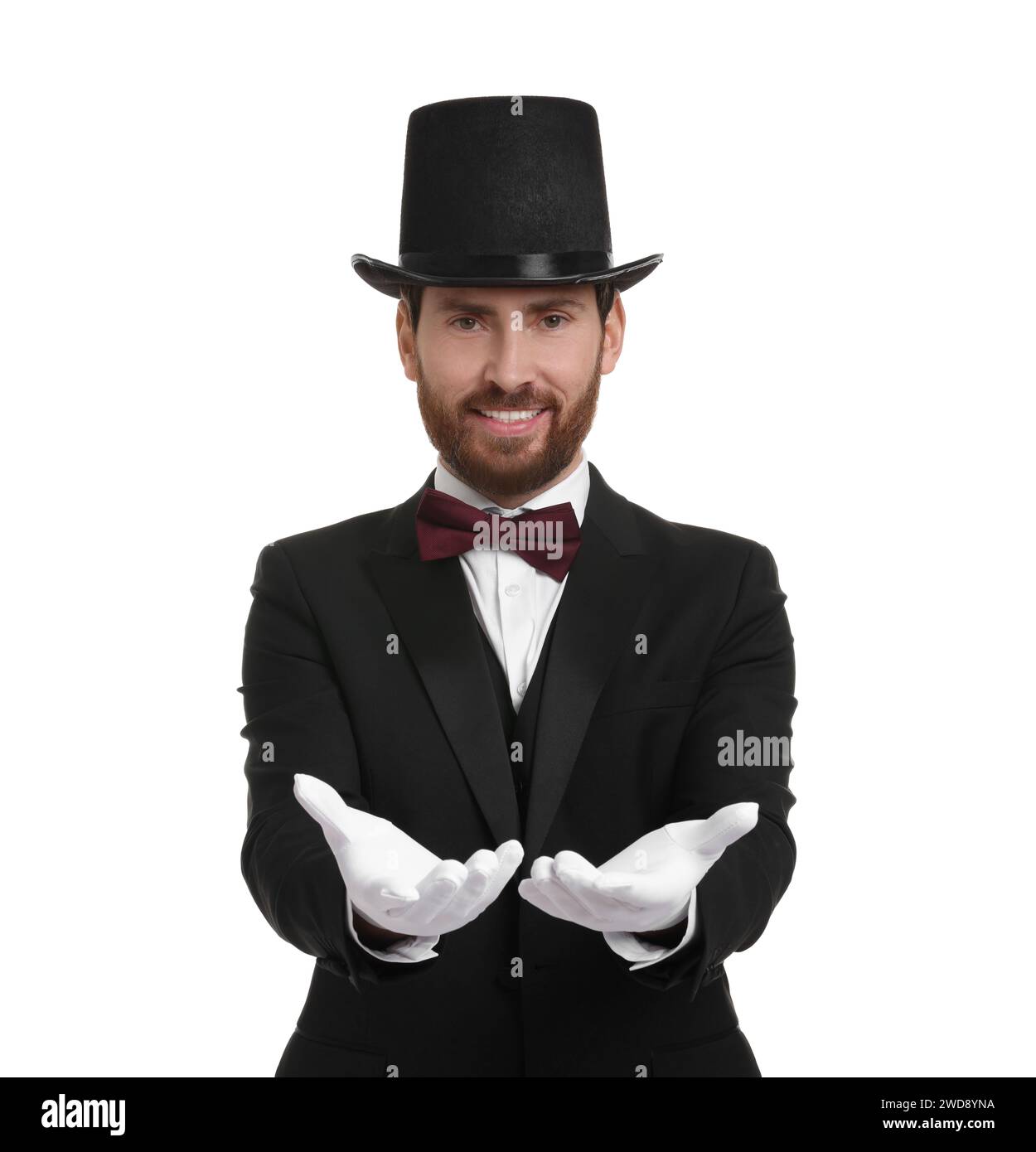 Happy magician in top hat on white background Stock Photo - Alamy
