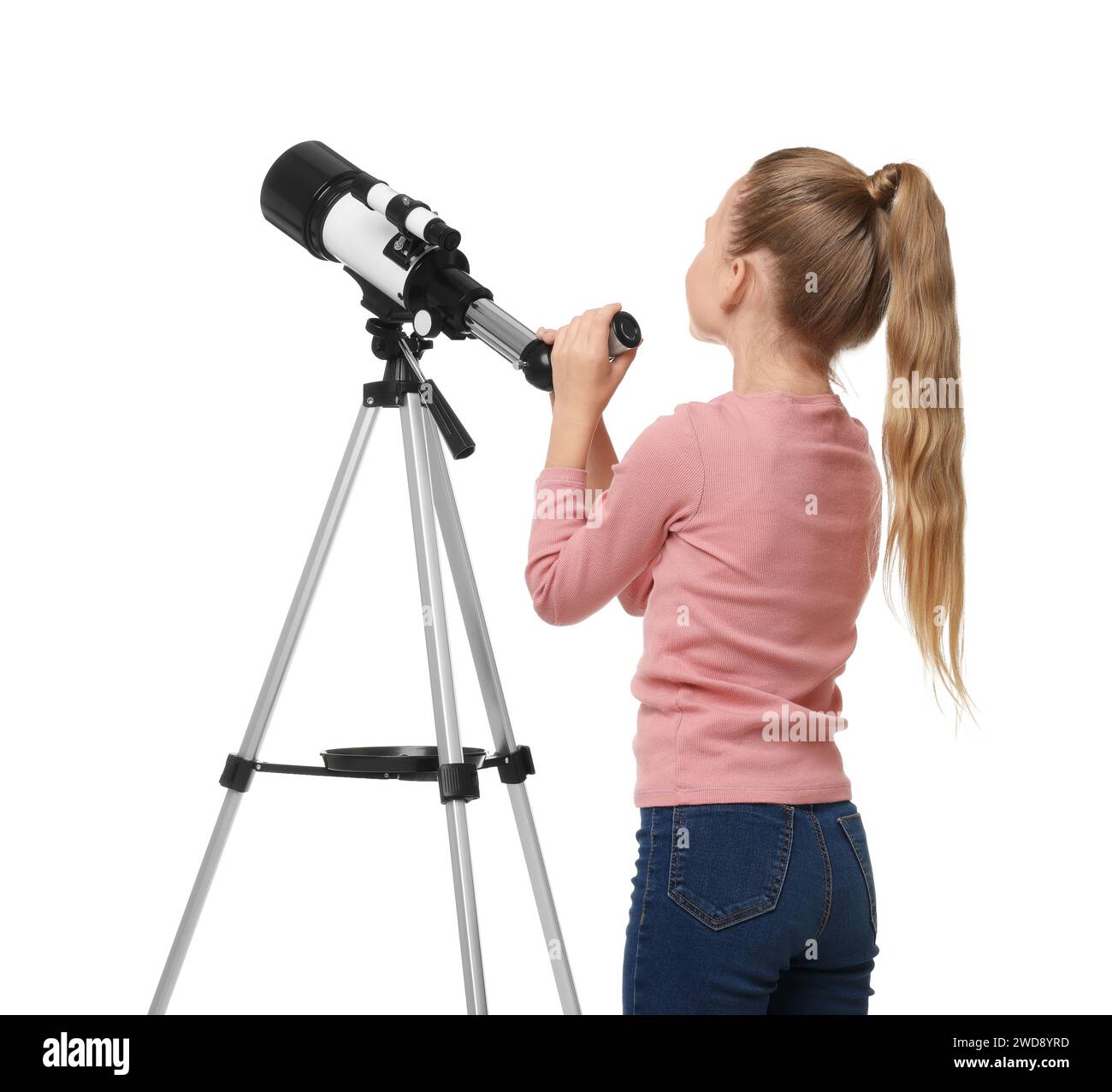 Little girl with telescope on white background Stock Photo - Alamy