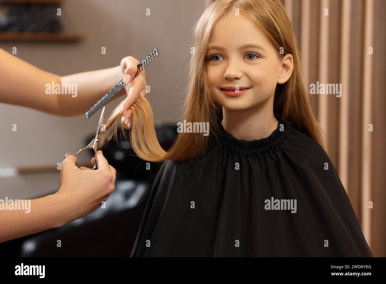 Professional hairdresser cutting girl's hair in beauty salon Stock ...