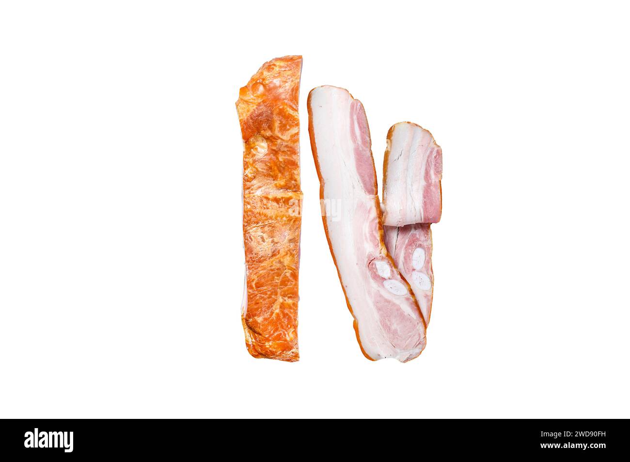 Smoked pork belly bacon block. Isolated on white background, Top view ...