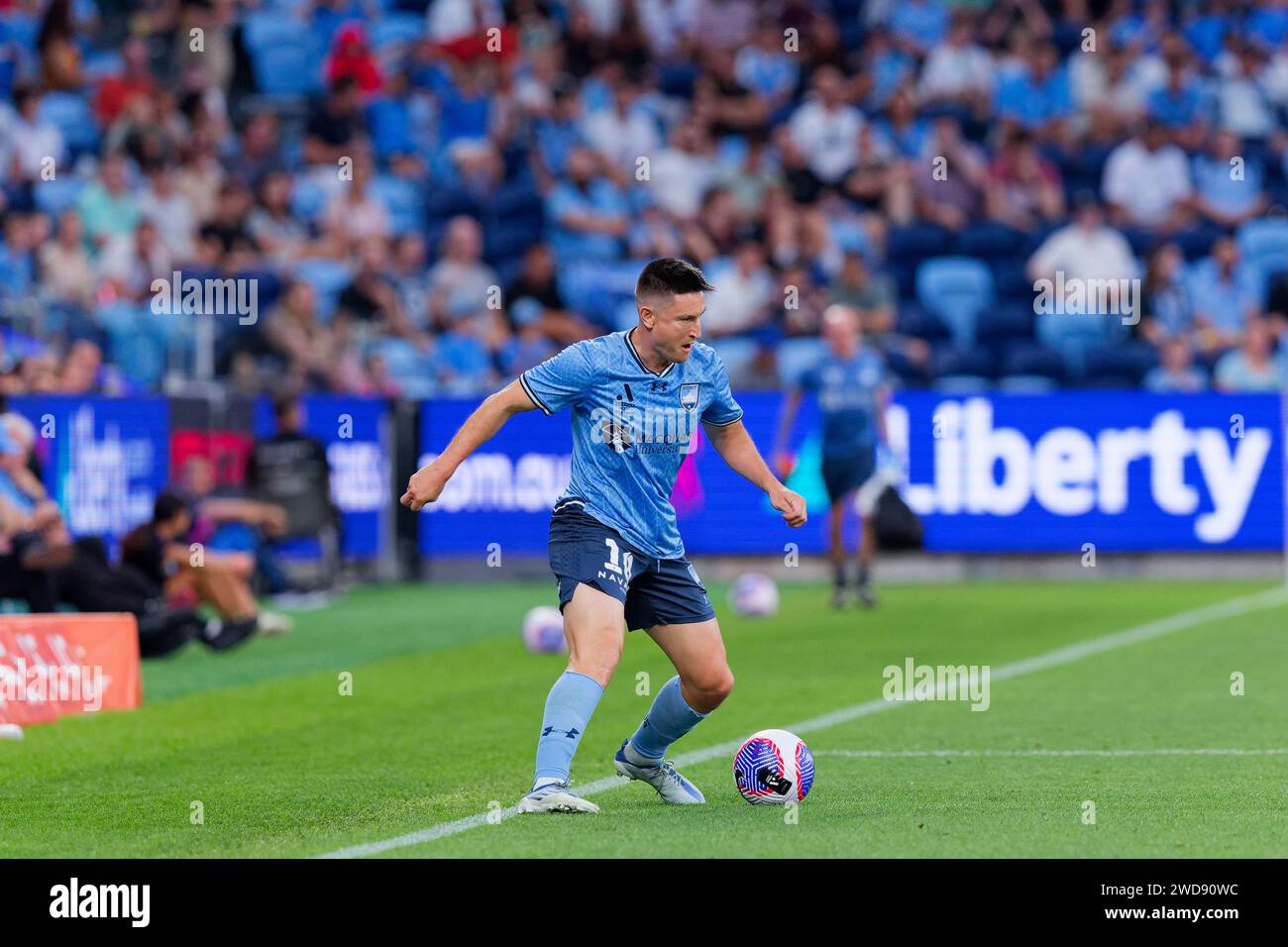 Sydney, Australia. 19th Jan, 2024. Joseph Lolley of Sydney FC controls ...