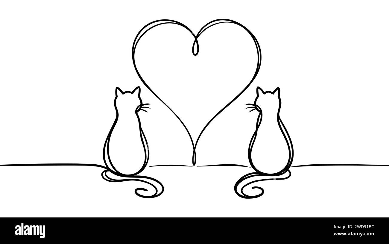 One line continuous cats and heart symbol. Line art love banner concept ...