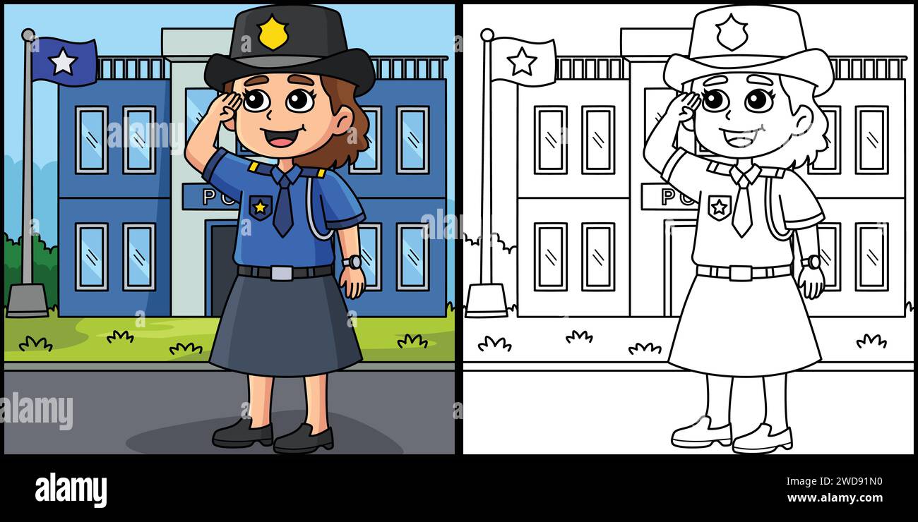 Policewoman Coloring Page Colored Illustration Stock Vector Image & Art ...