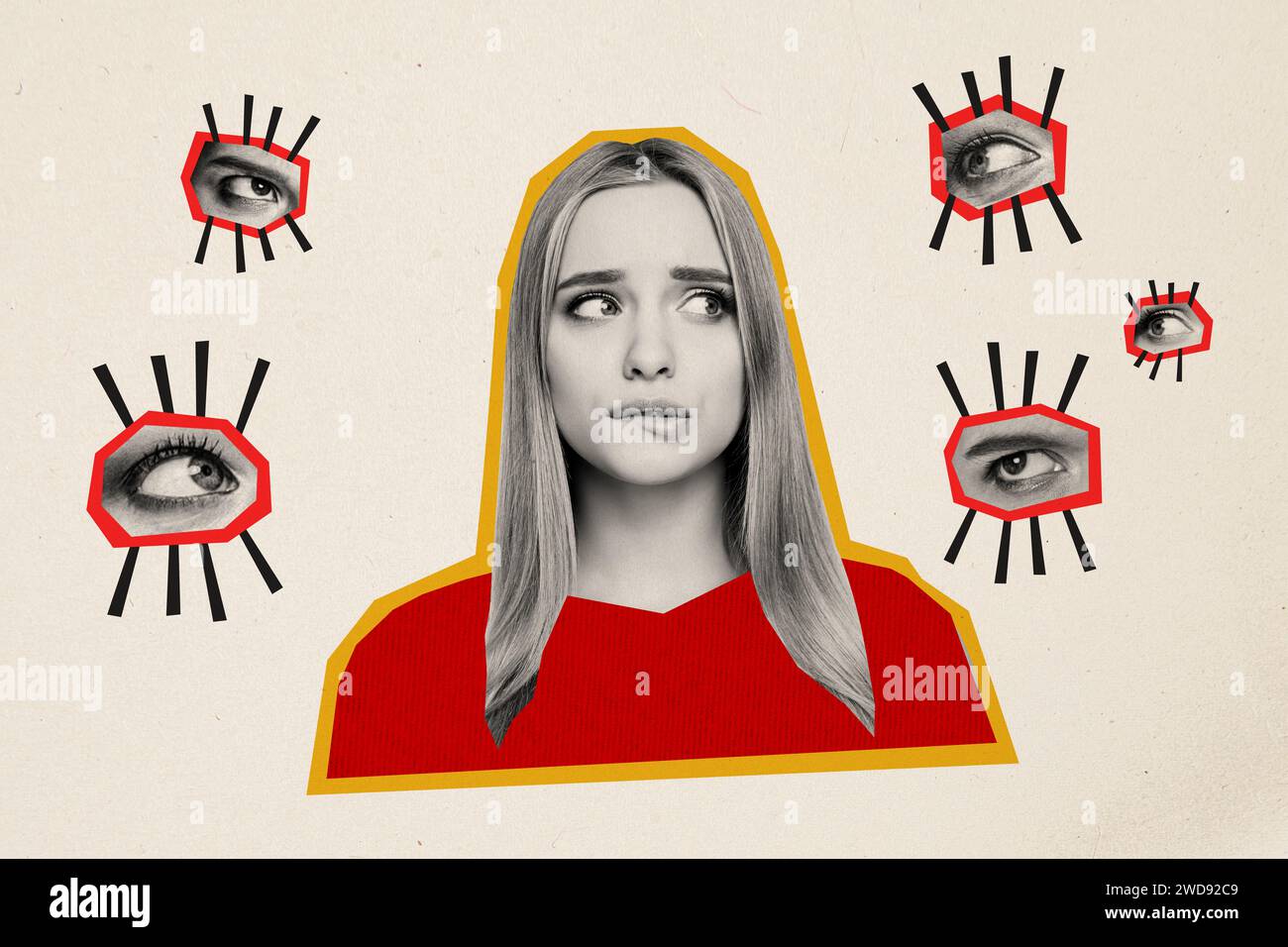 Collage picture image young confused stressed girl suffer privacy ...