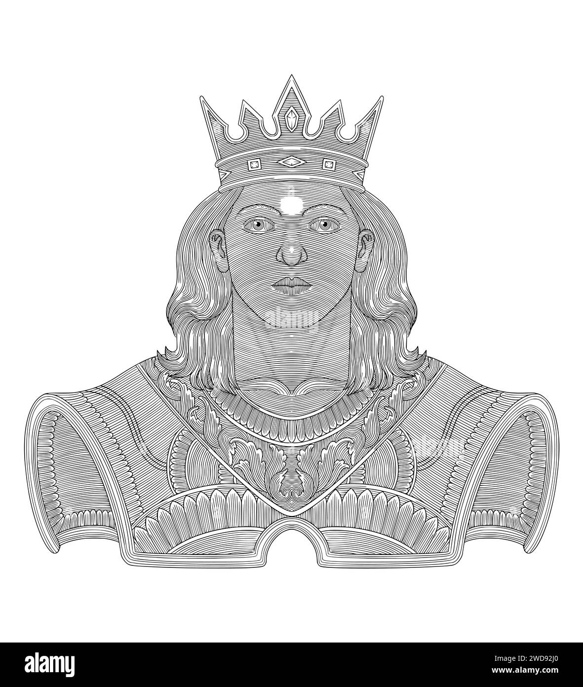 Portrait of Young King with ornament decoration, Vintage engraving ...