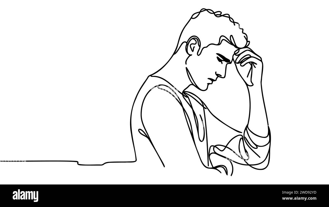 Continuous line drawings of man feeling sad, tired and worried about ...