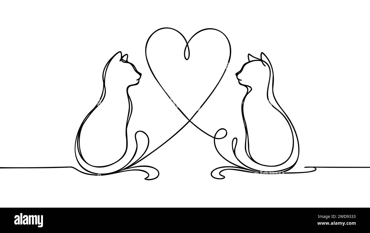 One line continuous cats and heart symbol. Line art love banner concept ...