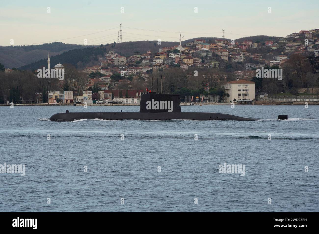 A Turkish Navy Submarine sailing past Istanbul Harbor and moving to ...