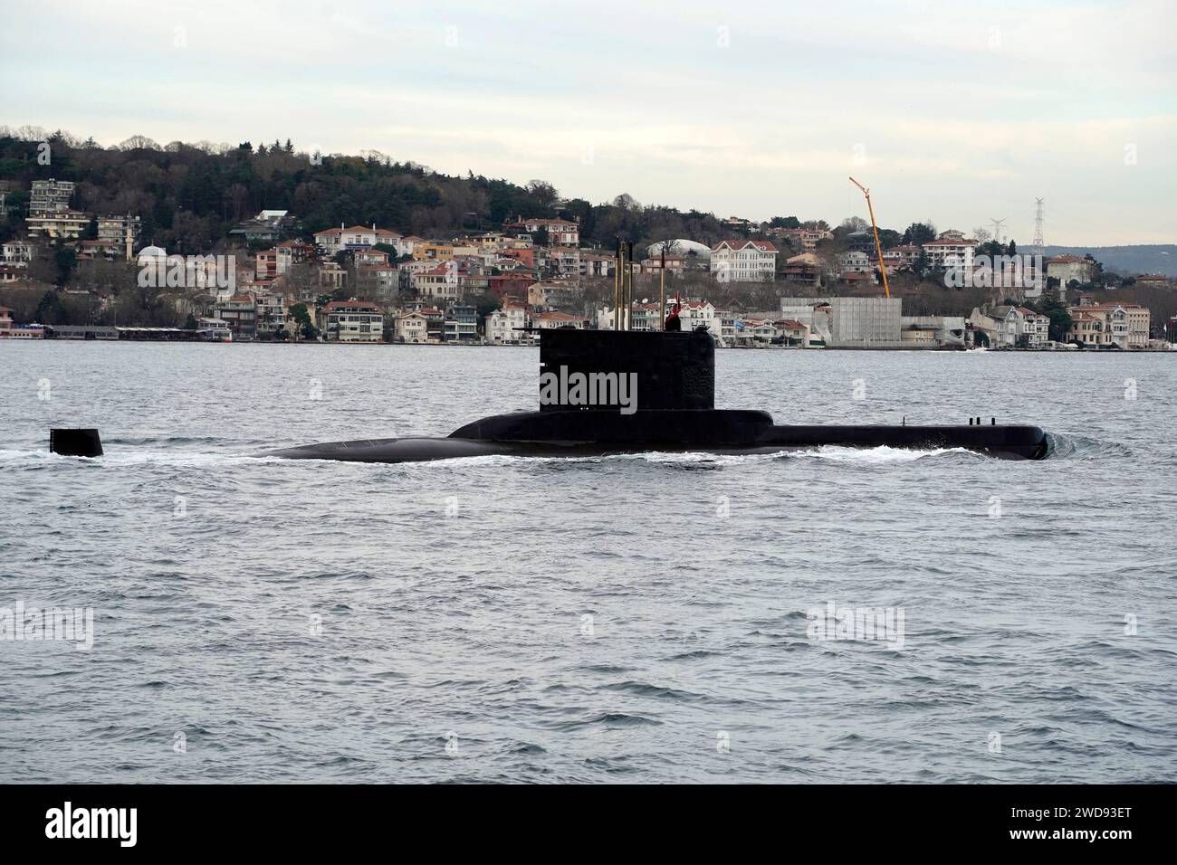 A Turkish Navy Submarine sailing past Istanbul Harbor and moving to ...