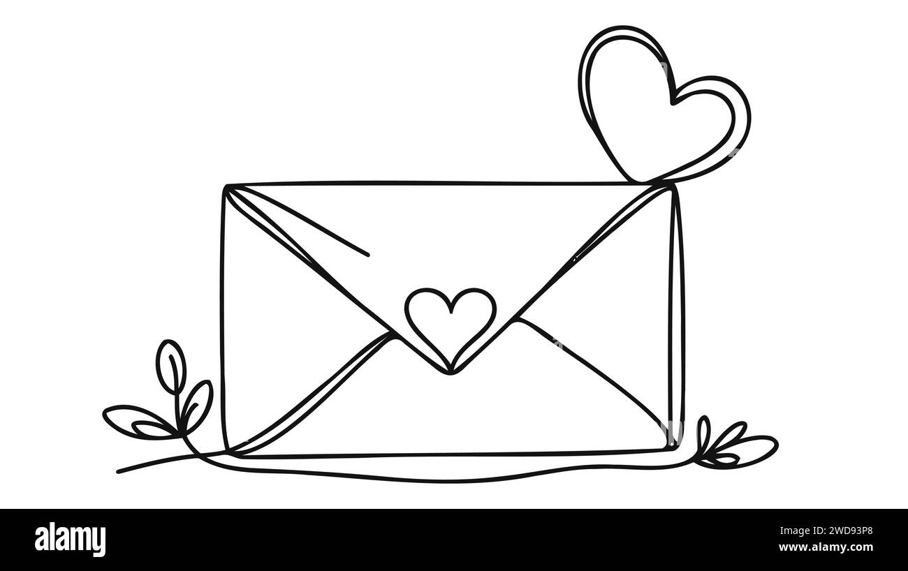 Continuous line drawing of envelope with red heart. Valentine's day ...