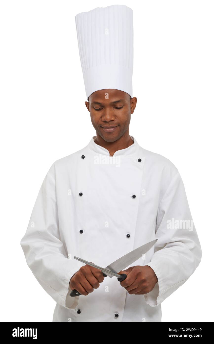 Black man, chef and sharpen knife in studio isolated on a white ...