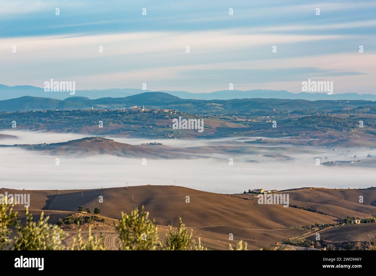 Elevated autumnal scenery panoramic perspective over Tuscany, Italy ...