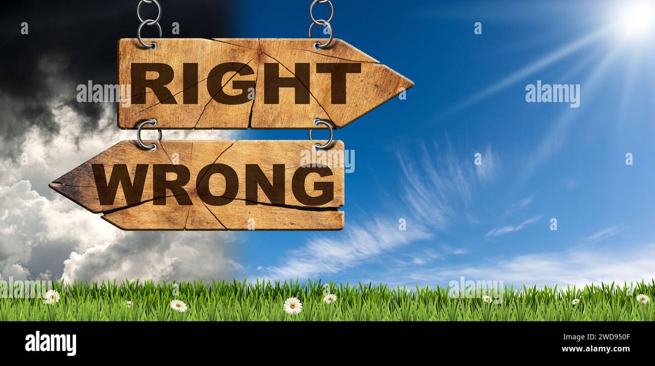 Two wooden directional signs with text Right and Wrong on a countryside ...