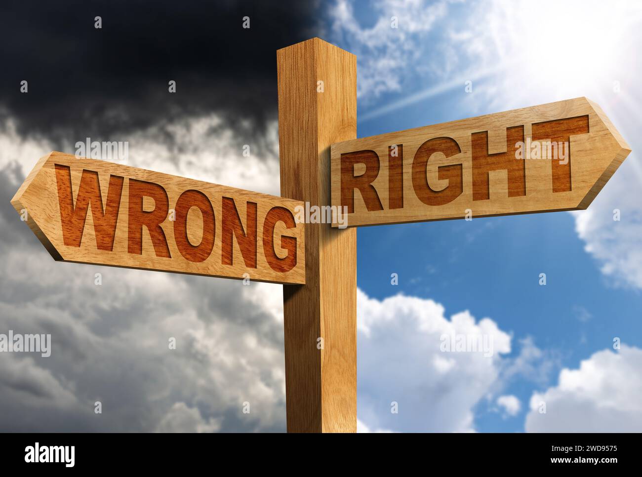 Two wooden directional signs with text Right and Wrong against a clear ...