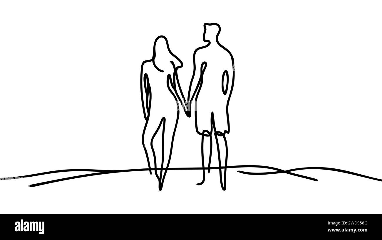 Couple walking together holding hands in continuous line art drawing ...