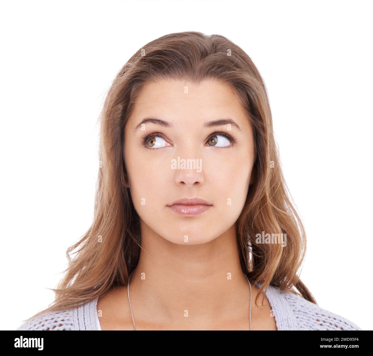 Thinking, ideas and woman with why, confused and model isolated on ...