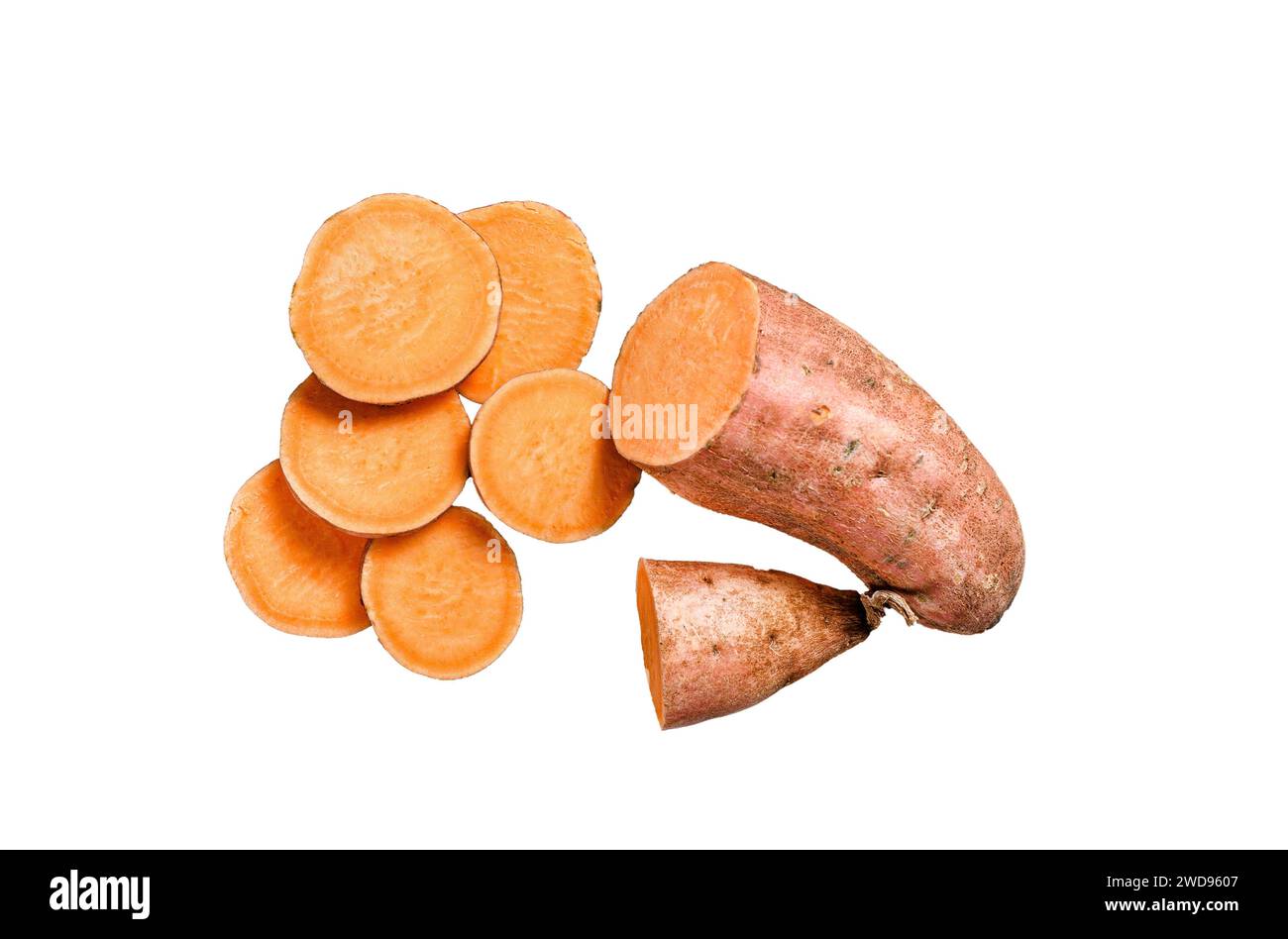 Raw cut batata Sweet potato Isolated on white background, Top view ...