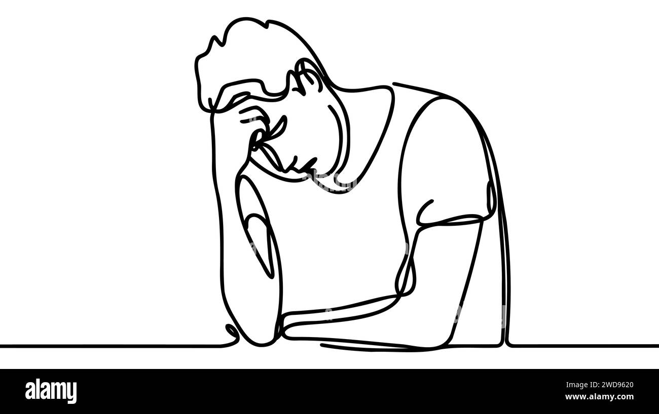Continuous line drawings of man feeling sad, tired and worried about ...