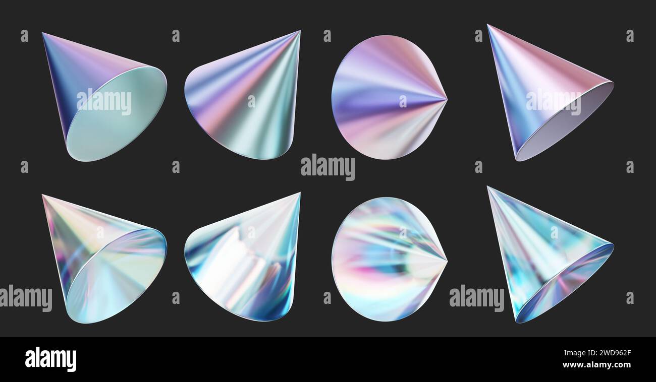 Crystal cone shape set isolated on black background 3d rendering ...