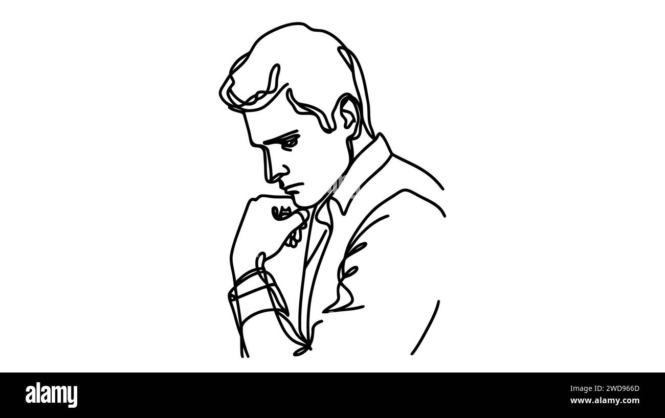 Continuous line drawings of man feeling sad, tired and worried about ...