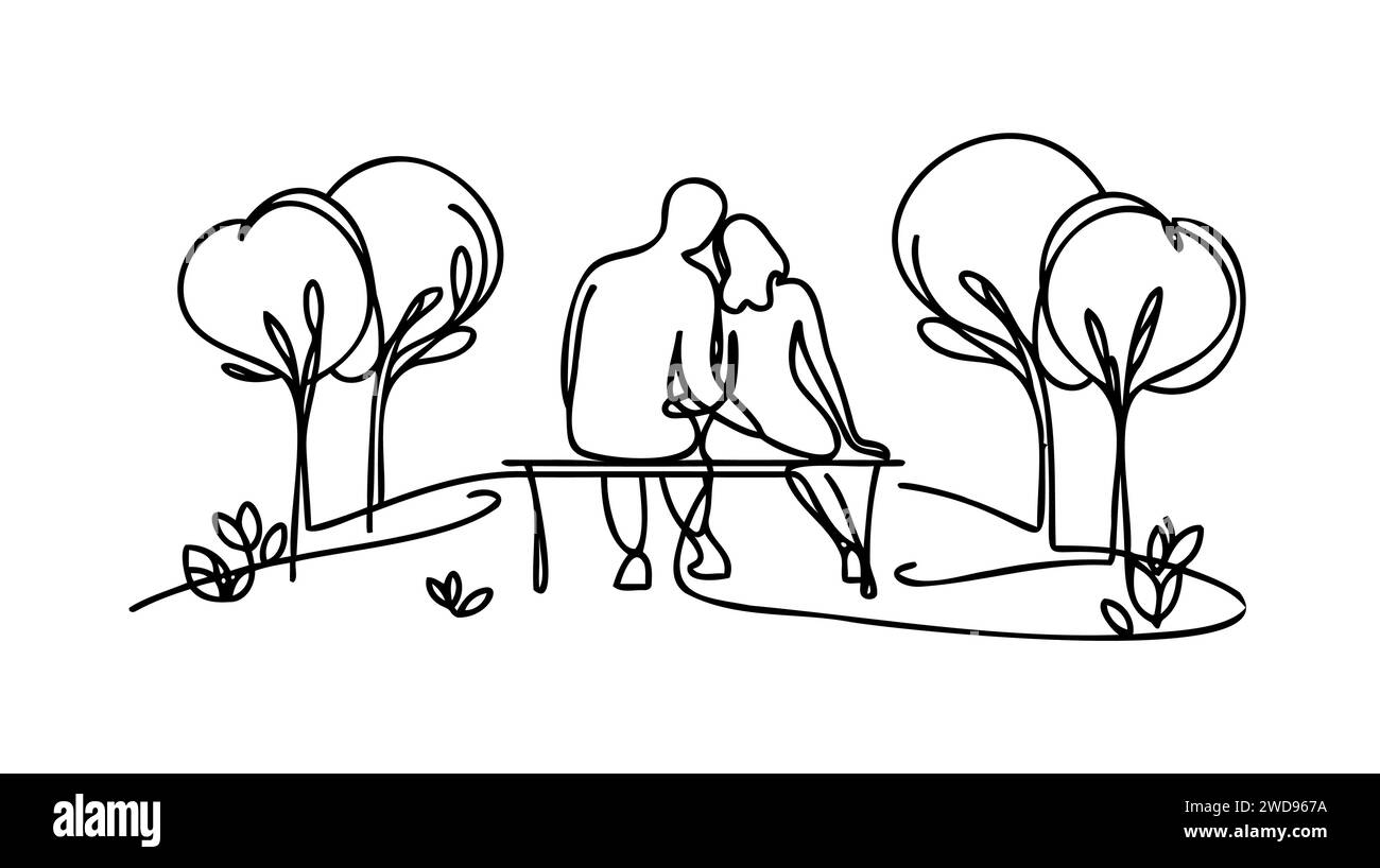 Single continuous line drawing romantic couple on bench in park. Happy ...