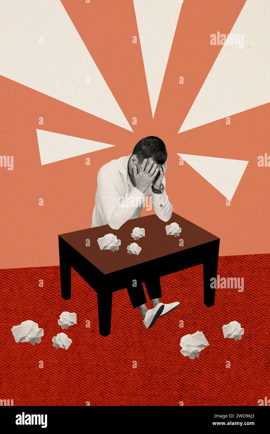 Vertical creative collage poster sitting young man table crying despair ...