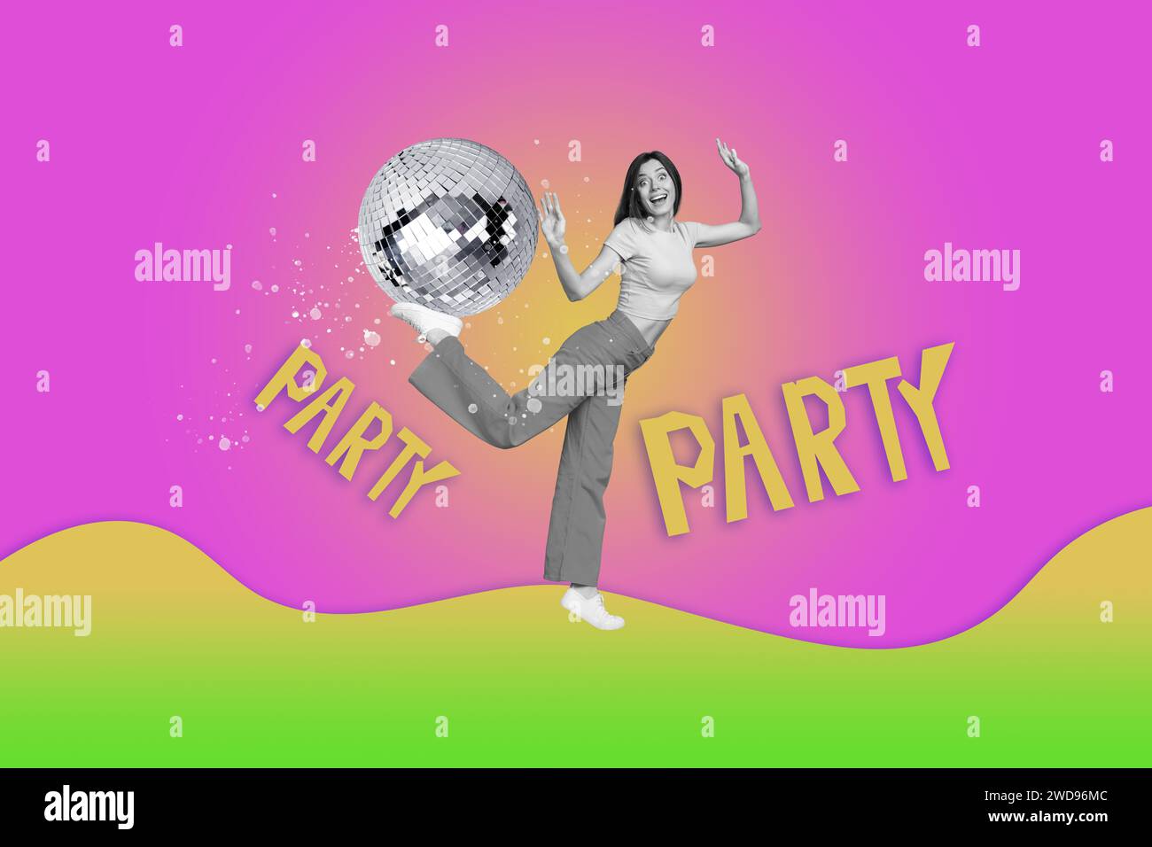 Collage poster of cheerful carefree crazy girl dancing in night club ...