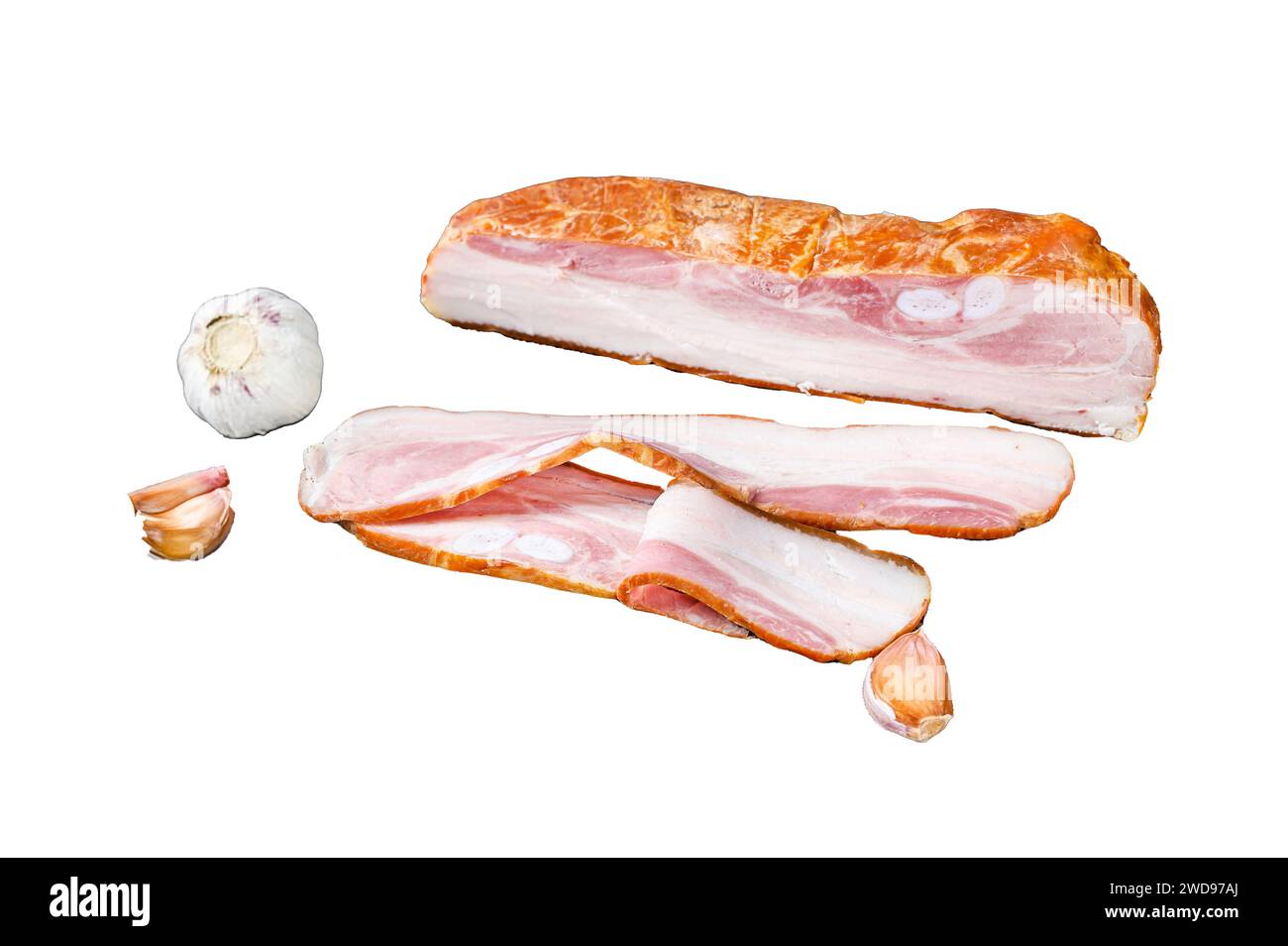 Smoked pork belly bacon block. Isolated on white background, Top view ...
