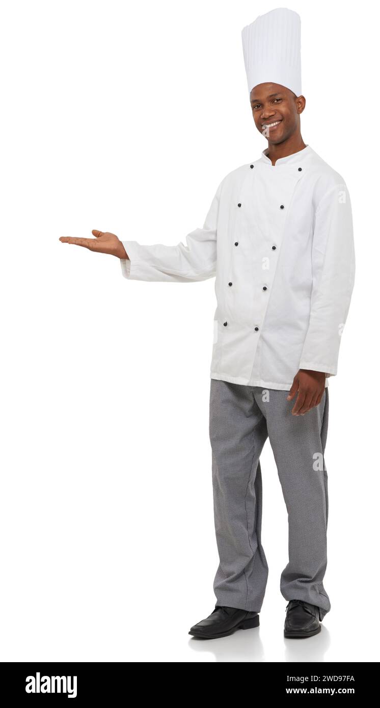 Portrait, smile and black man chef with hand pointing to studio for ...