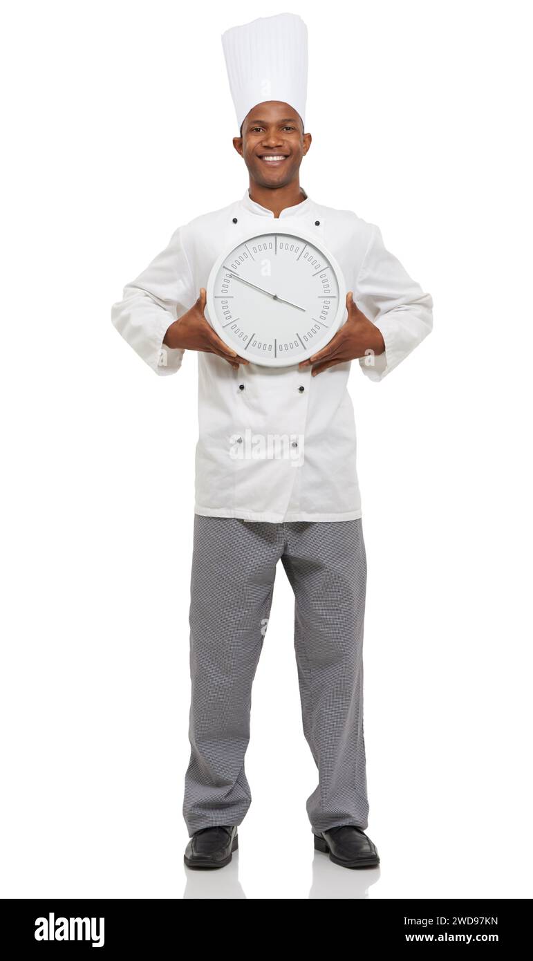 Chef, clock and portrait of happy black man with time, speed or ...