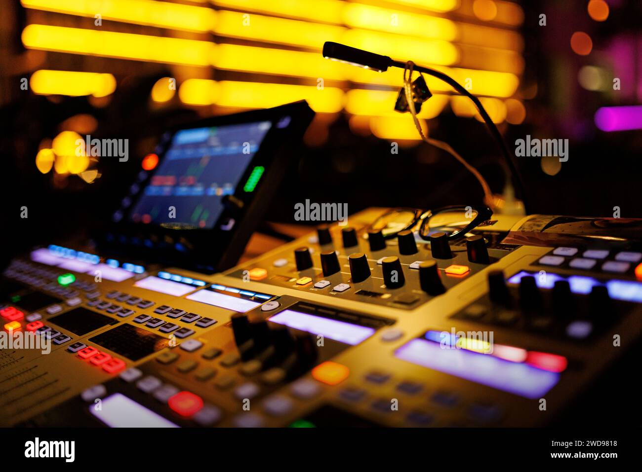 Modern sound mixer console with colorful buttons and sliders, set ...