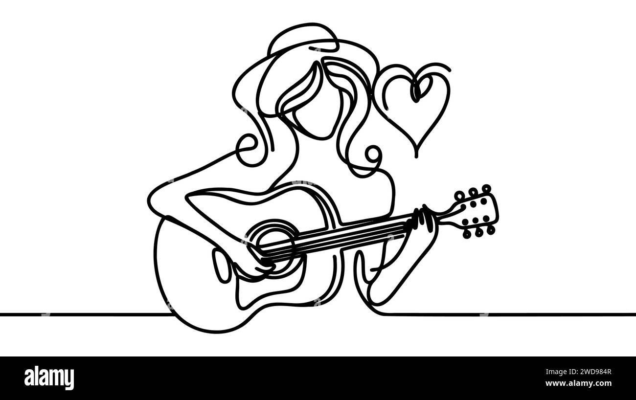 Continuous line drawing of a woman playing guitar. Woman musician sing ...