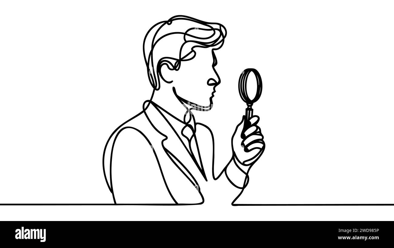 Continuous line drawing of man hold magnifying glass to analyze work ...
