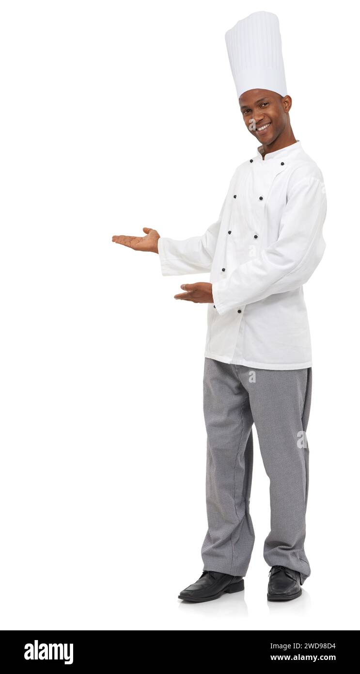 Cooking, portrait and black man chef with hand pointing to studio for ...