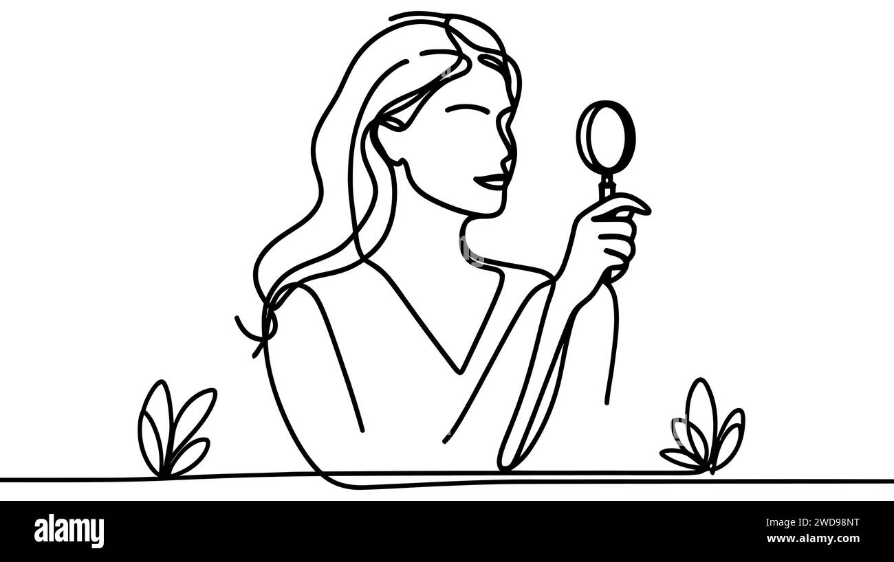 Continuous line drawing Young woman using magnifying glass Searching ...