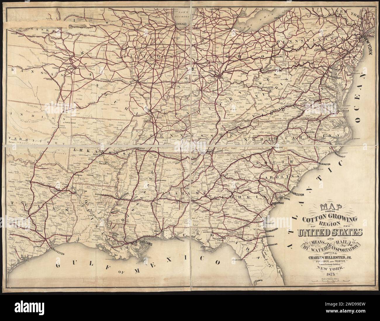1875 Map showing cotton growing region of the United States and means ...