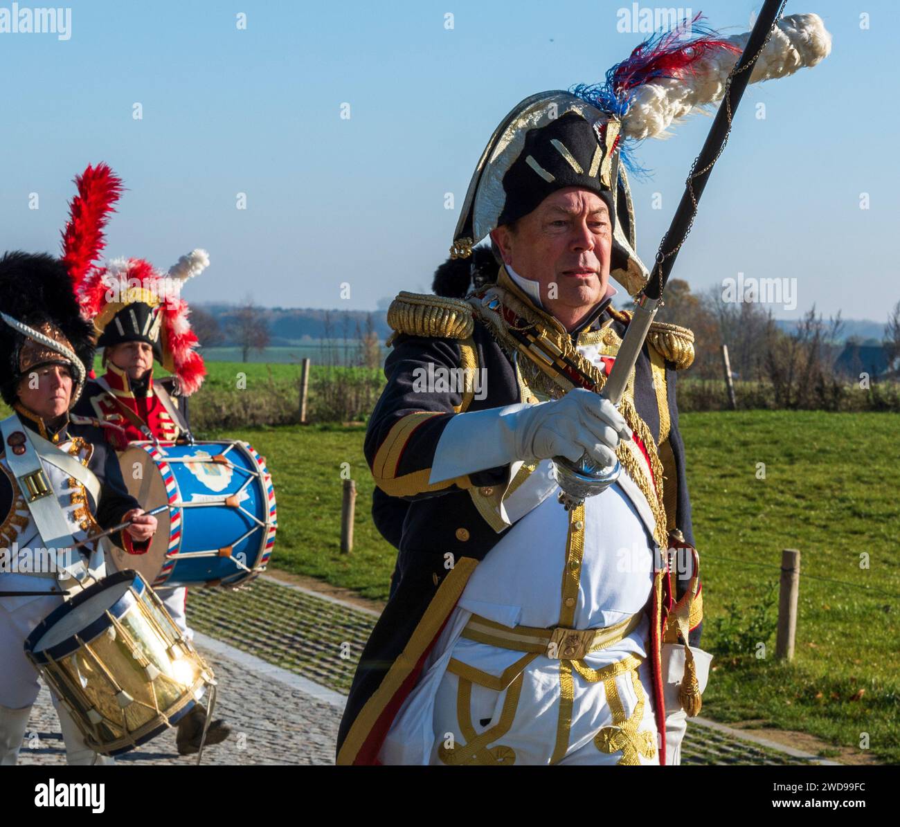 Marching band in Napoleonic costume at Waterloo battlefield Stock Photo ...