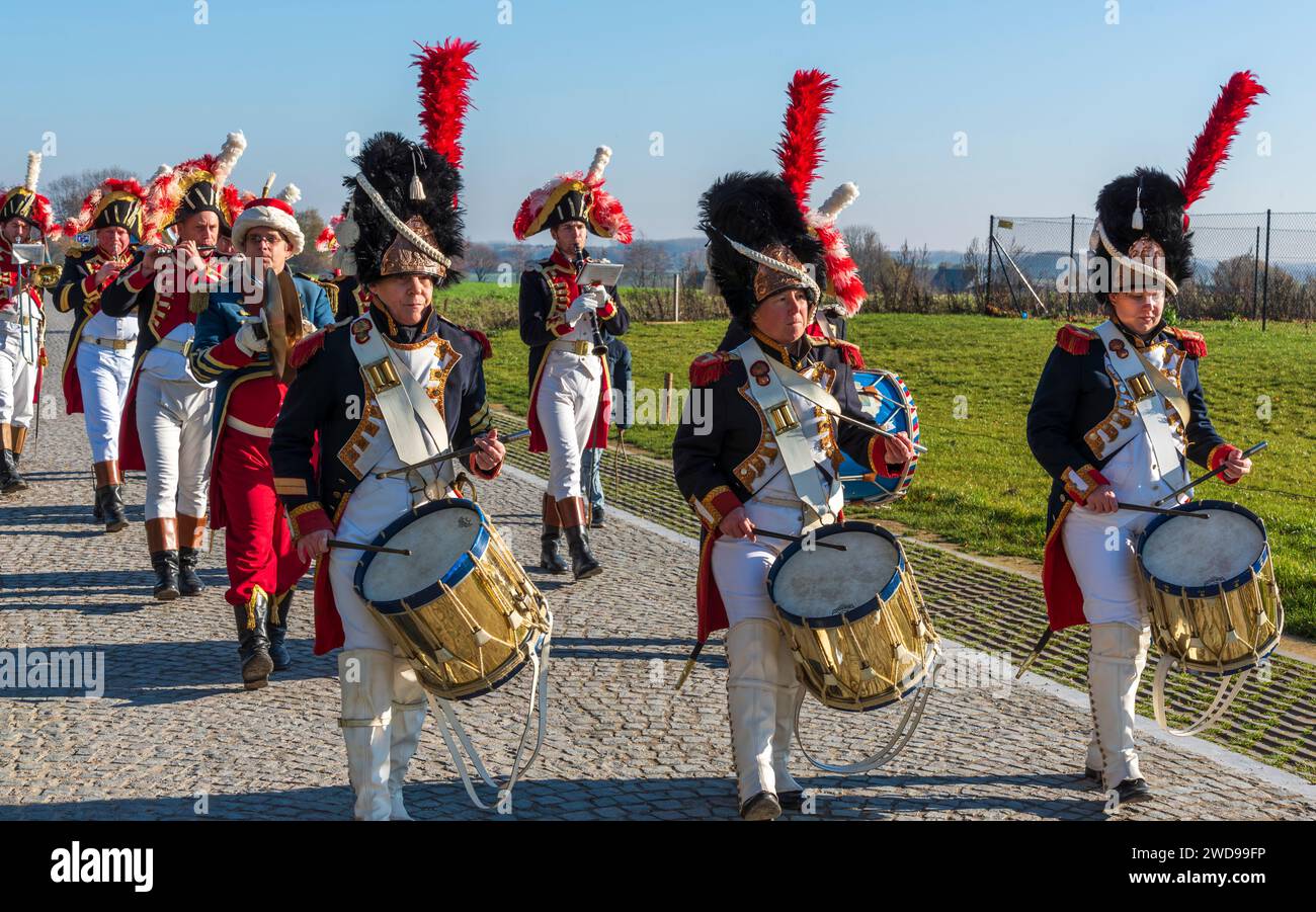 Marching band in Napoleonic costume at Waterloo battlefield Stock Photo ...