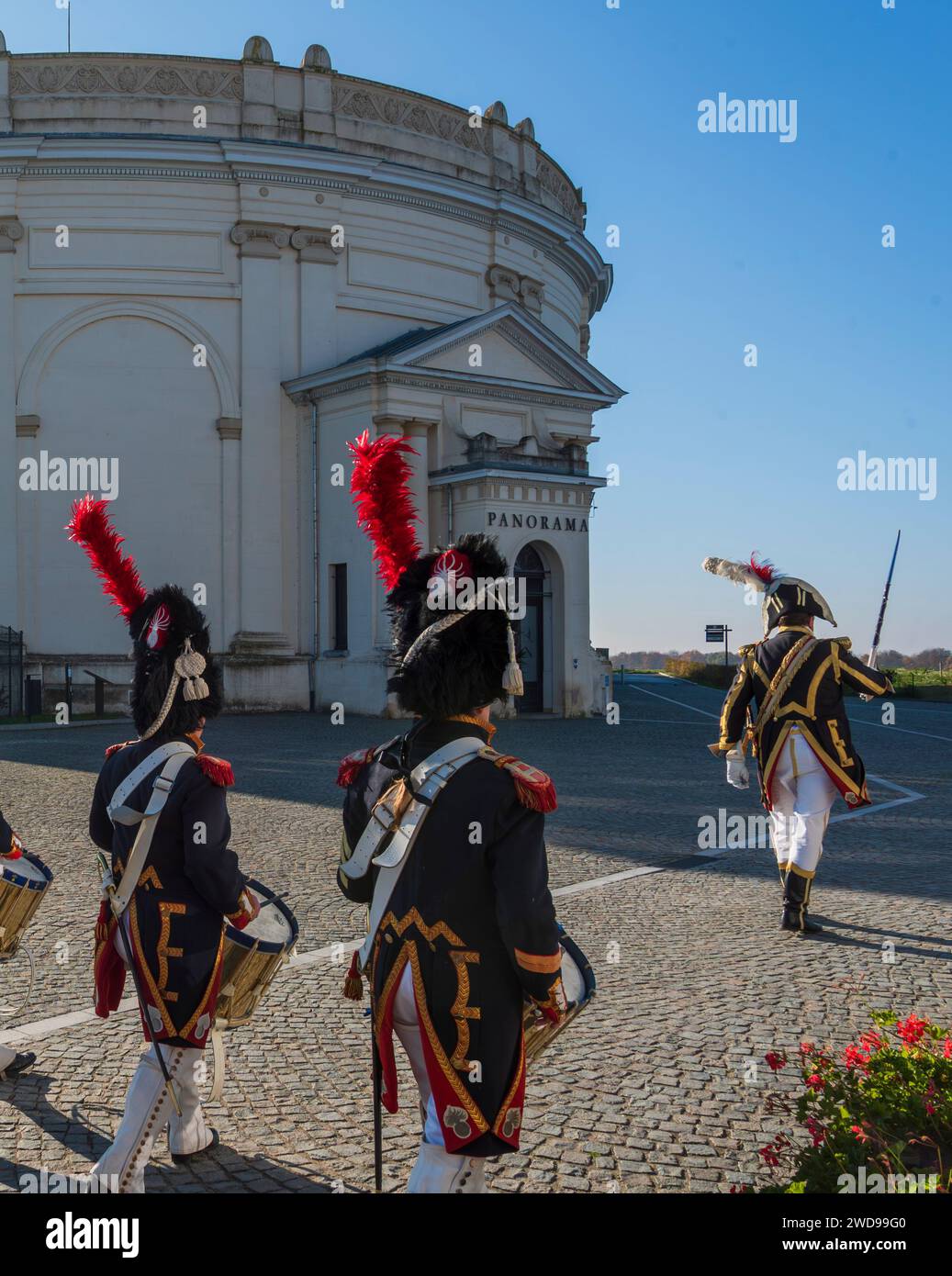 Marching band in Napoleonic costume at Waterloo battlefield Stock Photo ...